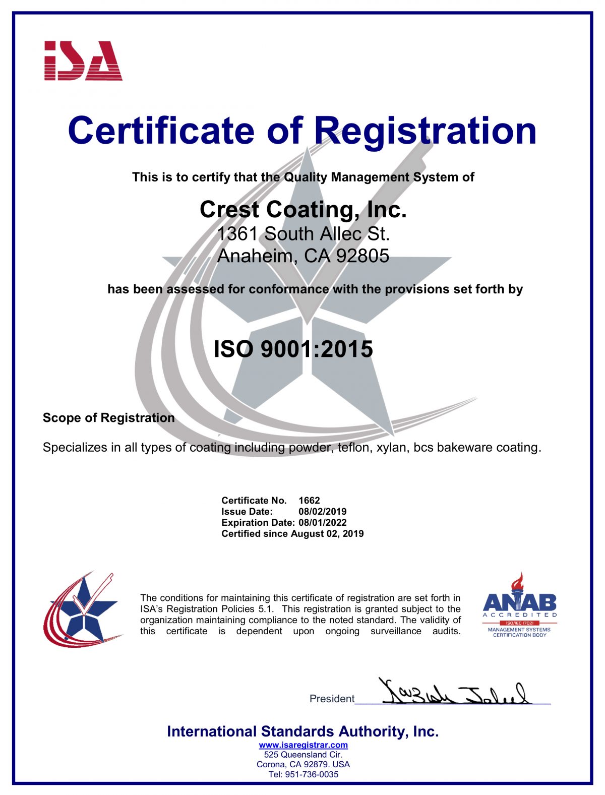 Crest Coating Inc. Earns ISO 9001:2015 Certification